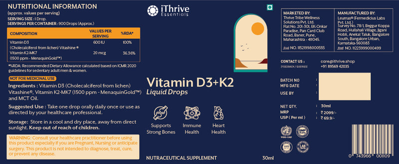 iThrive Essentials Vitamin D3 + K2 in MCT Oil - Liquid Drops (30 mL) - iThrive Essentials
